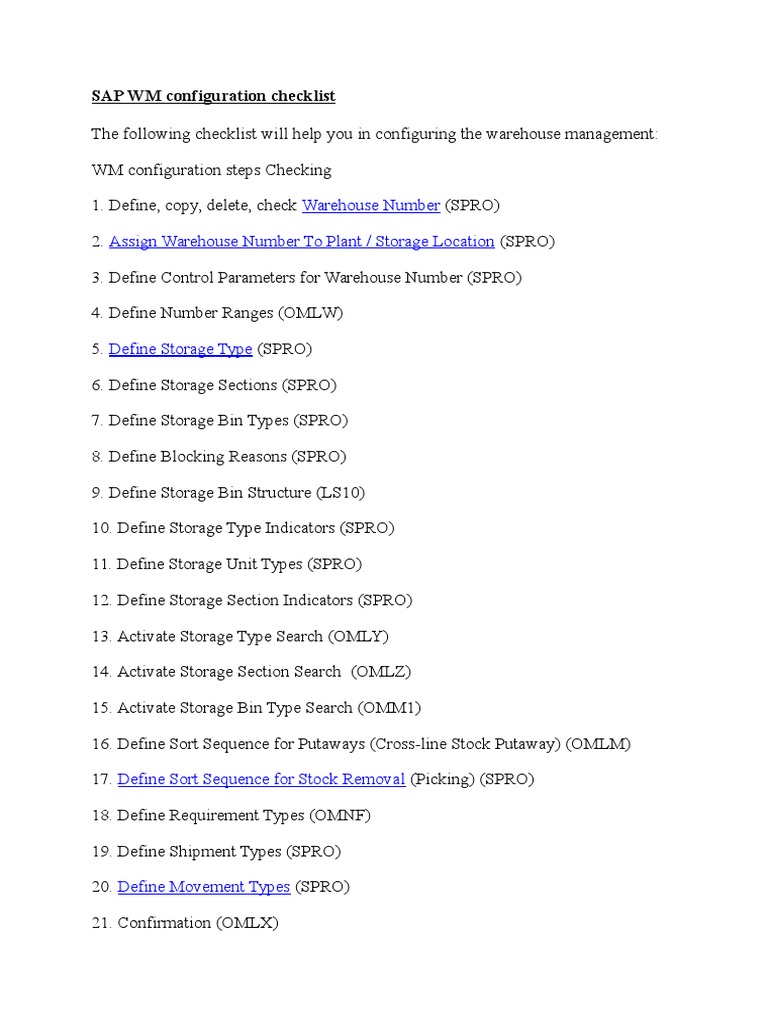 SAP WM Configuration Checklist | PDF | Warehouse | Inventory