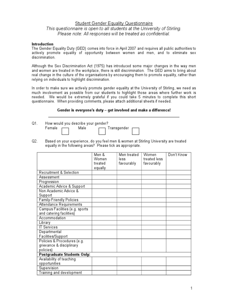 Gender Questionnaire Student 000 | PDF | Gender | Gender Studies