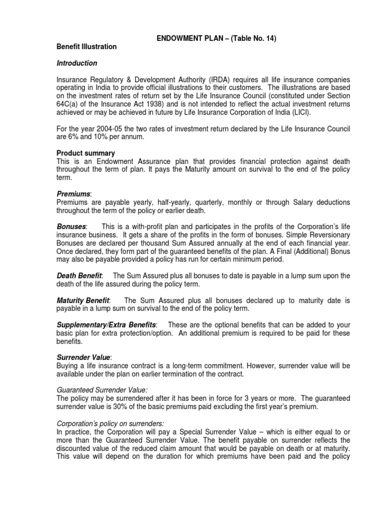 ENDOWMENT PLAN - (Table No. 14) Benefit Illustration: Guaranteed ...