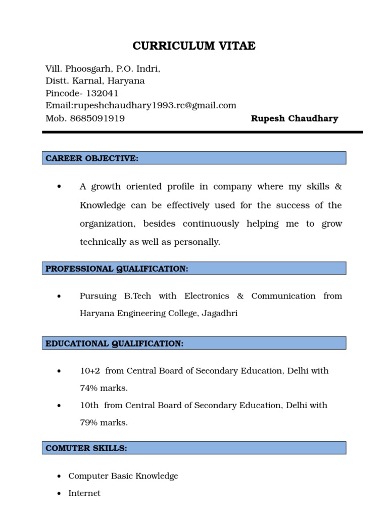Rupesh Chaudhary CV: Electronics B.Tech | PDF