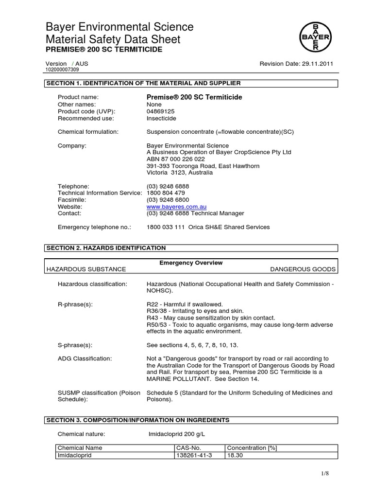 Premise 200 SC Termiticide PDF 37kb | PDF | Dangerous Goods | Chemical ...
