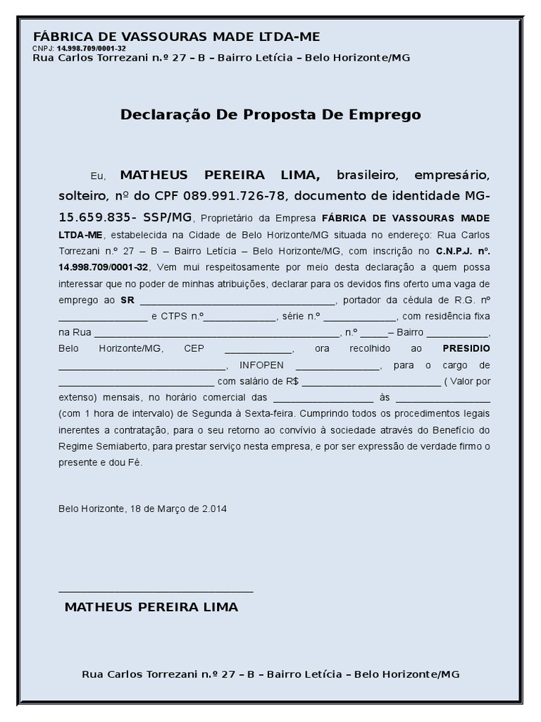 Proposta de Emprego para Presidiário | PDF | Brasil | Trabalho