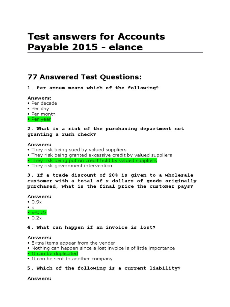 Accounts Payable Test Answers 2015 | PDF | Accounts Payable | Corporate ...