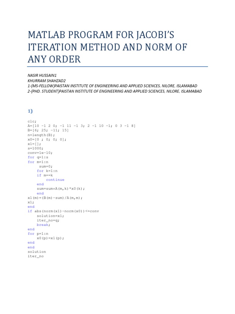 Matlab Program For Jacobi Method | PDF