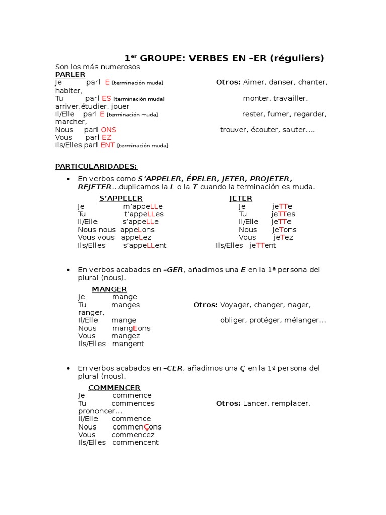 Verbes Premier Groupe, en - ER | PDF