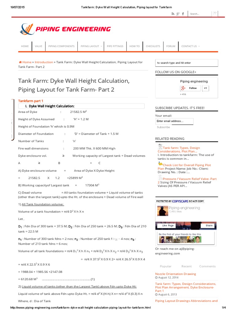 Tankfarm - Dyke Wall Height Calculation, Piping Layout For Tankfarm PDF ...