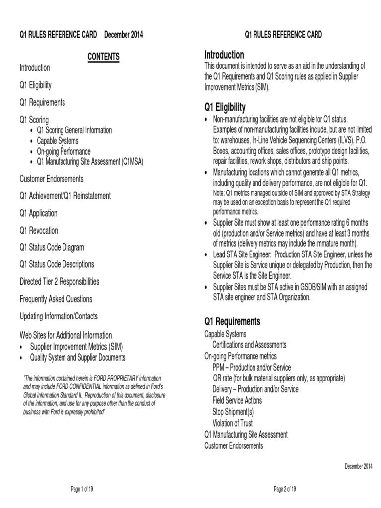 Q1 Rules Ref Card | PDF | Performance Indicator | Ford Motor Company