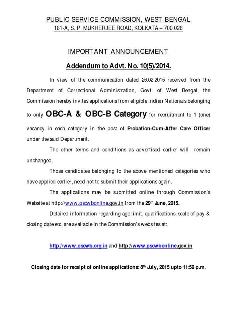 OBC-A & OBC-B Category: Important Announcement Addendum To Advt. No. 10 (5) /2014 | PDF