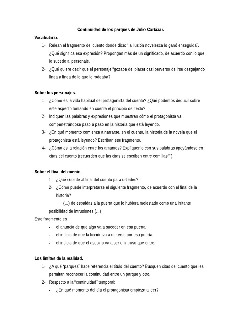 Análisis de "Continuidad de los parques" | PDF | Cuentos