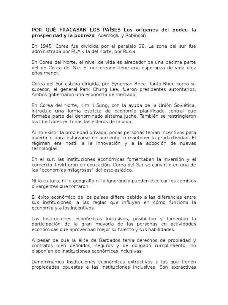 POR QUÉ FRACASAN LOS PAÍSES Los Orígenes Del Poder, La Prosperidad y La ...