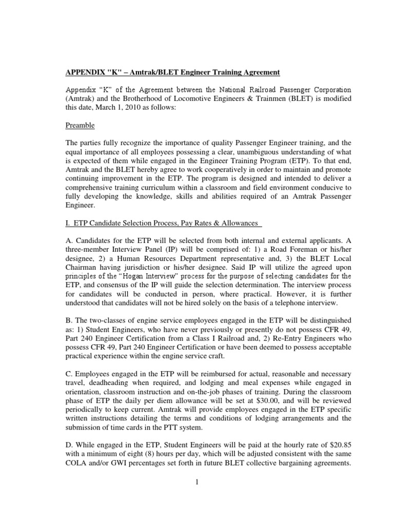 APPENDIX "K" - Amtrak/BLET Engineer Training Agreement | PDF | Engineer ...