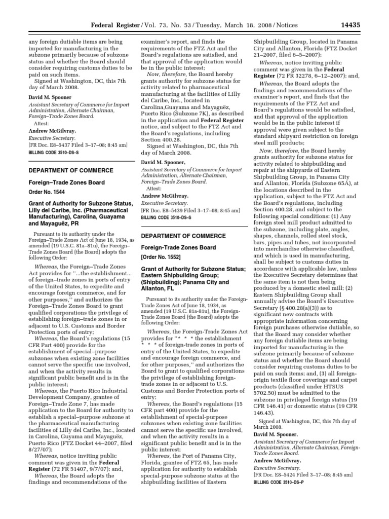 Notice: Grant of Authority For Subzone Status Eastern Shipbuilding ...