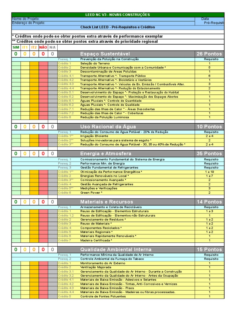 Checklist LEED NC V3 para Novas Construções | PDF | Liderança em ...
