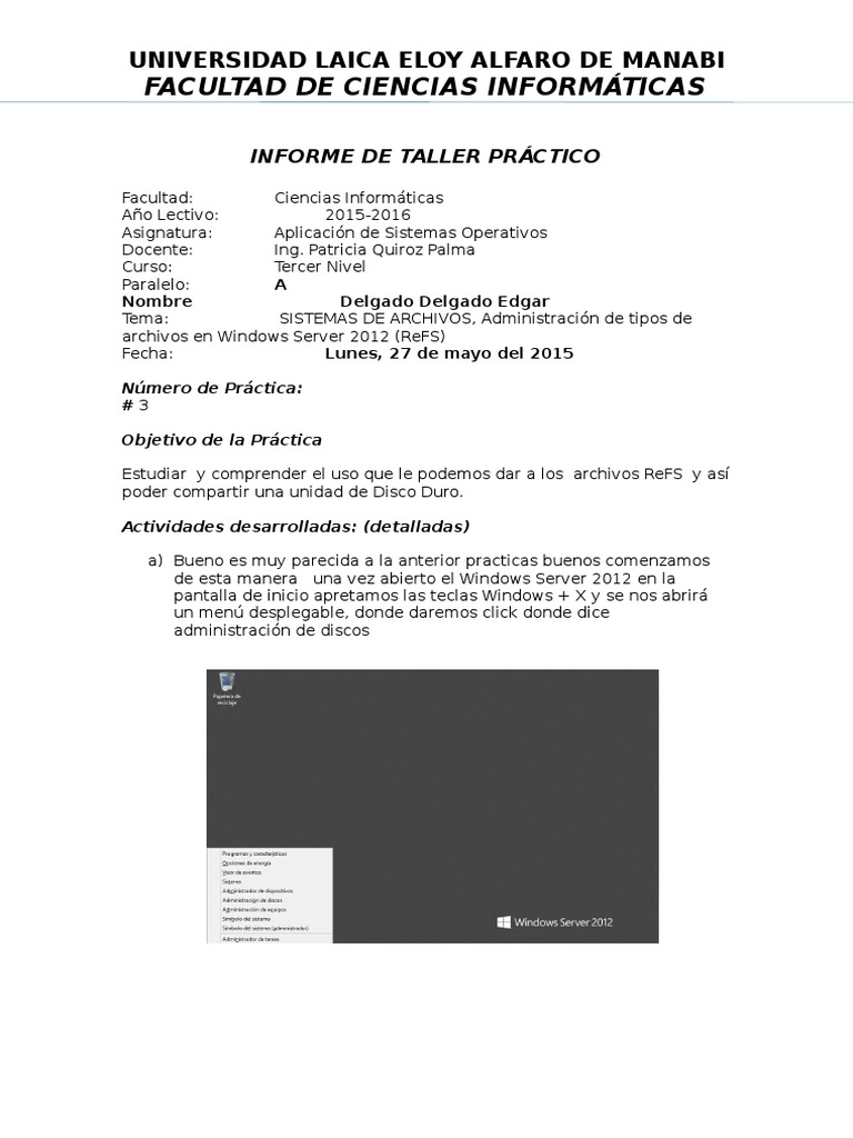 Informe de La Pràctica de Sistemas de Archivos ReFS Windows Server 2012 | PDF | Archivo de ...