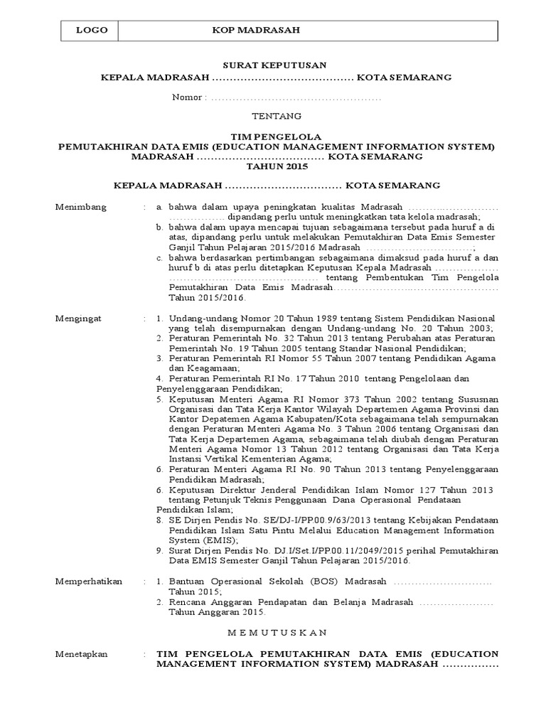 Contoh SK Tim Operator Emis Madrasah Swasta | PDF