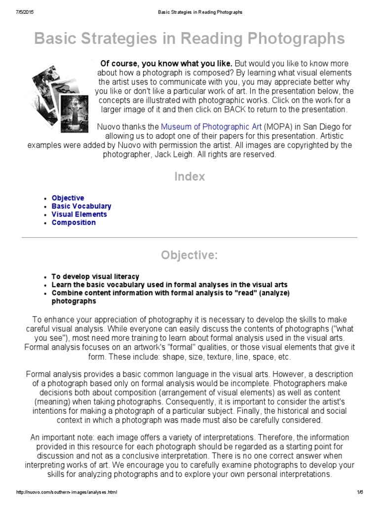 Basic Strategies in Reading Photographs | PDF | Composition (Visual ...