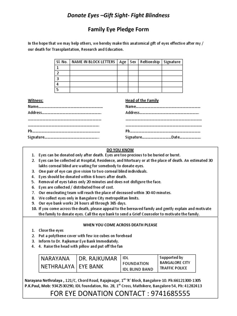 Donate Eyes - Gift Sight Fight Blindness: Family Eye Pledge Form | PDF
