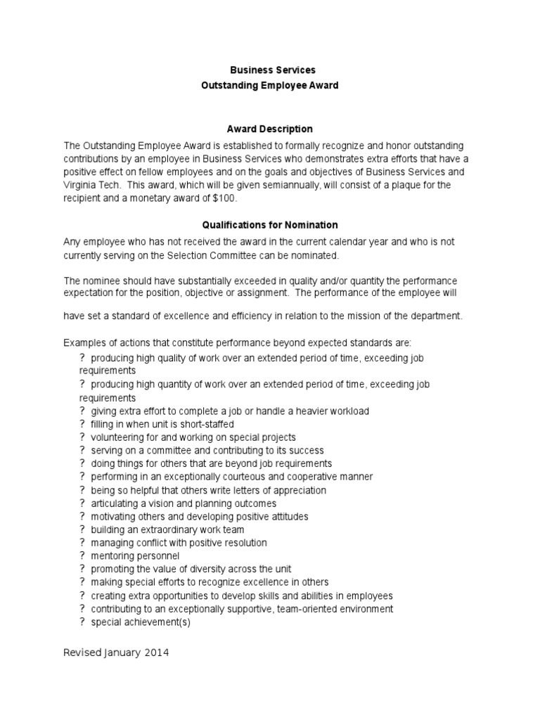 Outstanding Employee Award Criteria | PDF | Vice President Of The ...