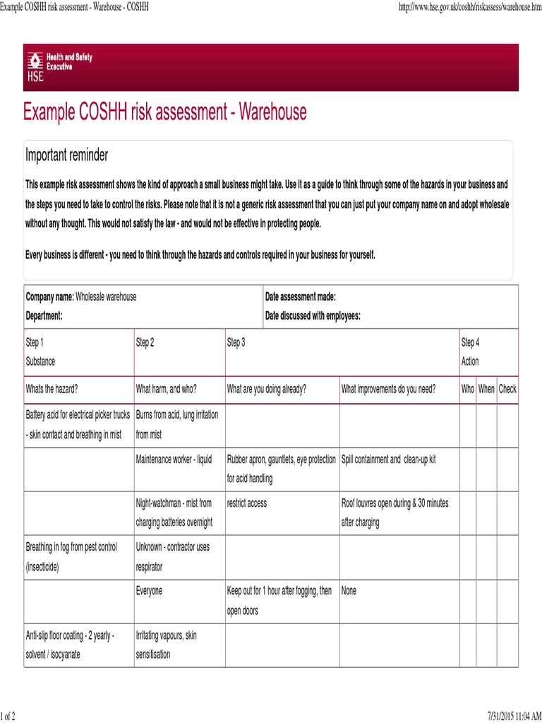 Example COSHH Risk Assessment - Warehouse - COSHH | PDF | Business