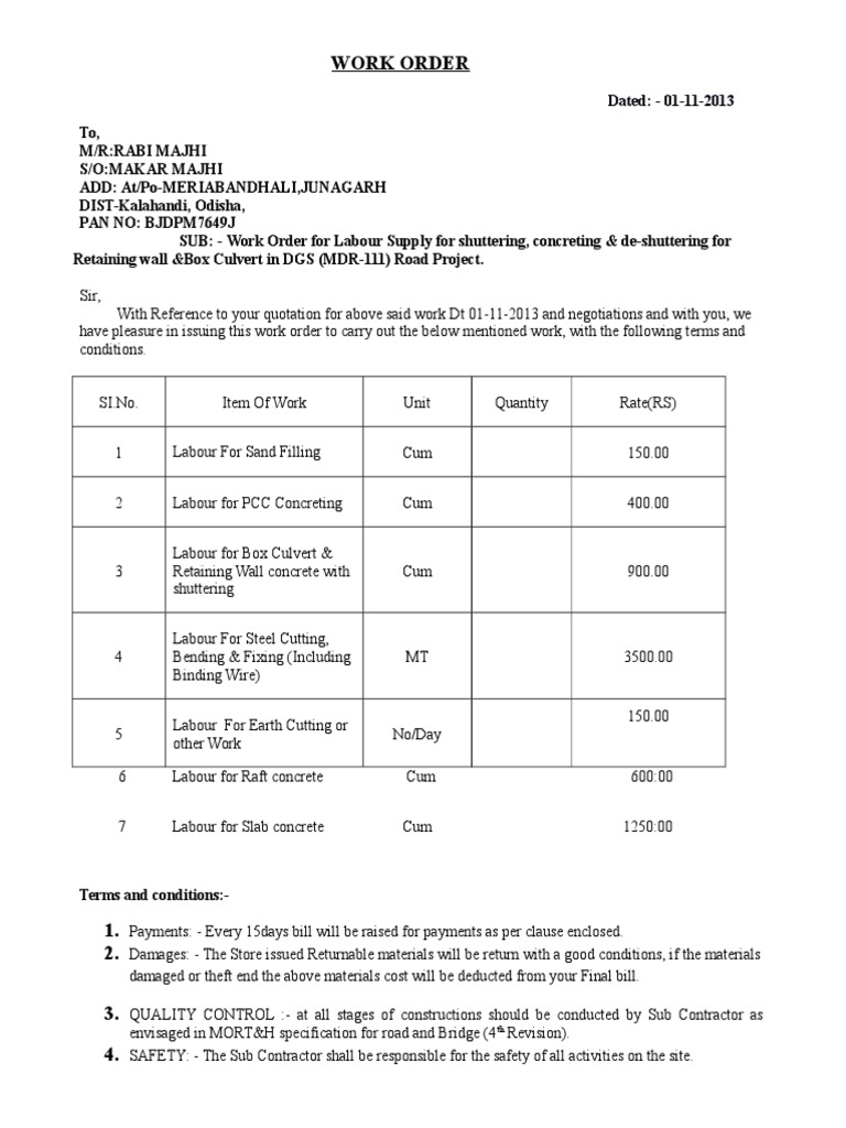 Work Order Formate | PDF | Construction Aggregate | General Contractor
