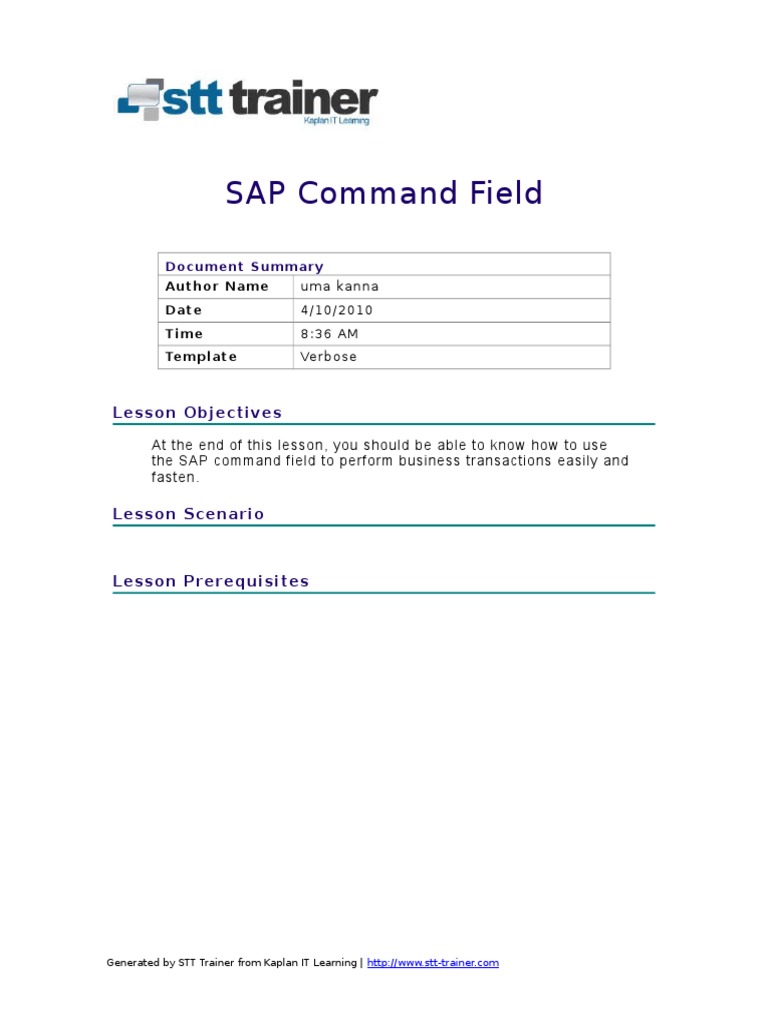 SAP Command Field: Lesson Objectives | PDF