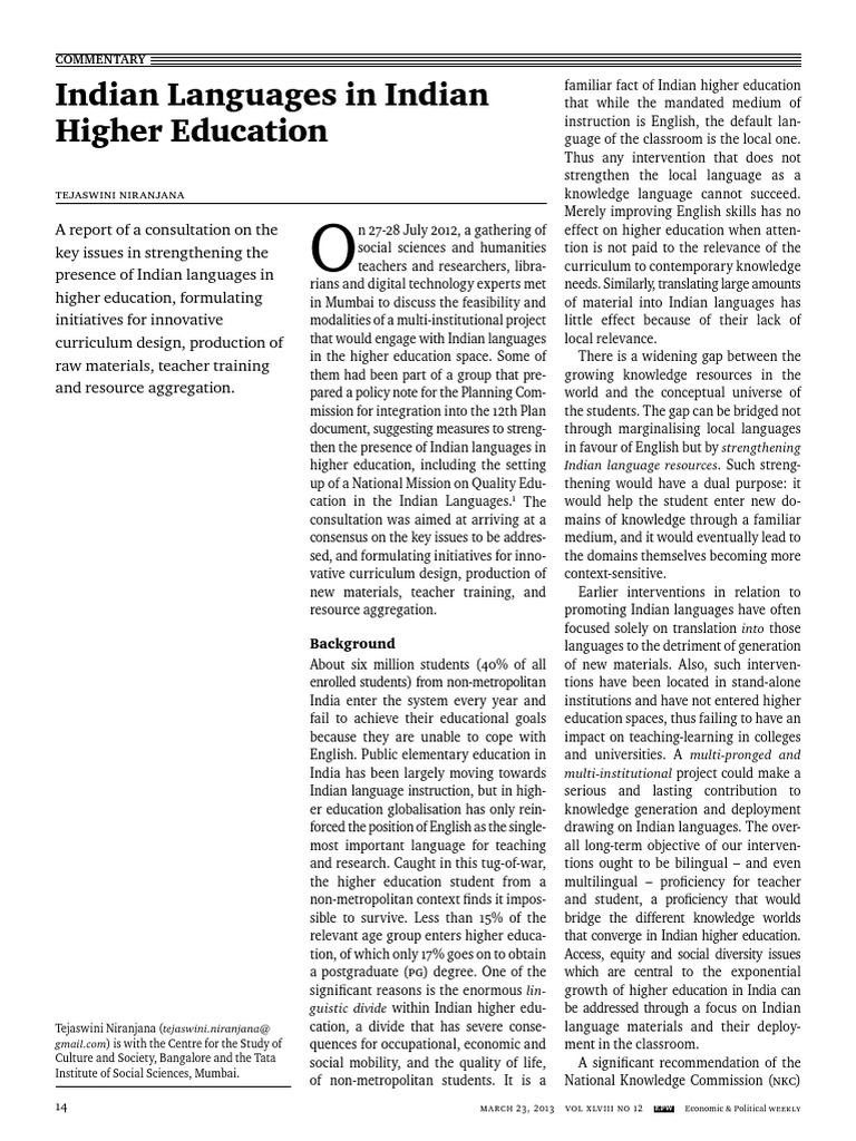 EPW Report Indian Languages in Indian Higher Education | PDF ...