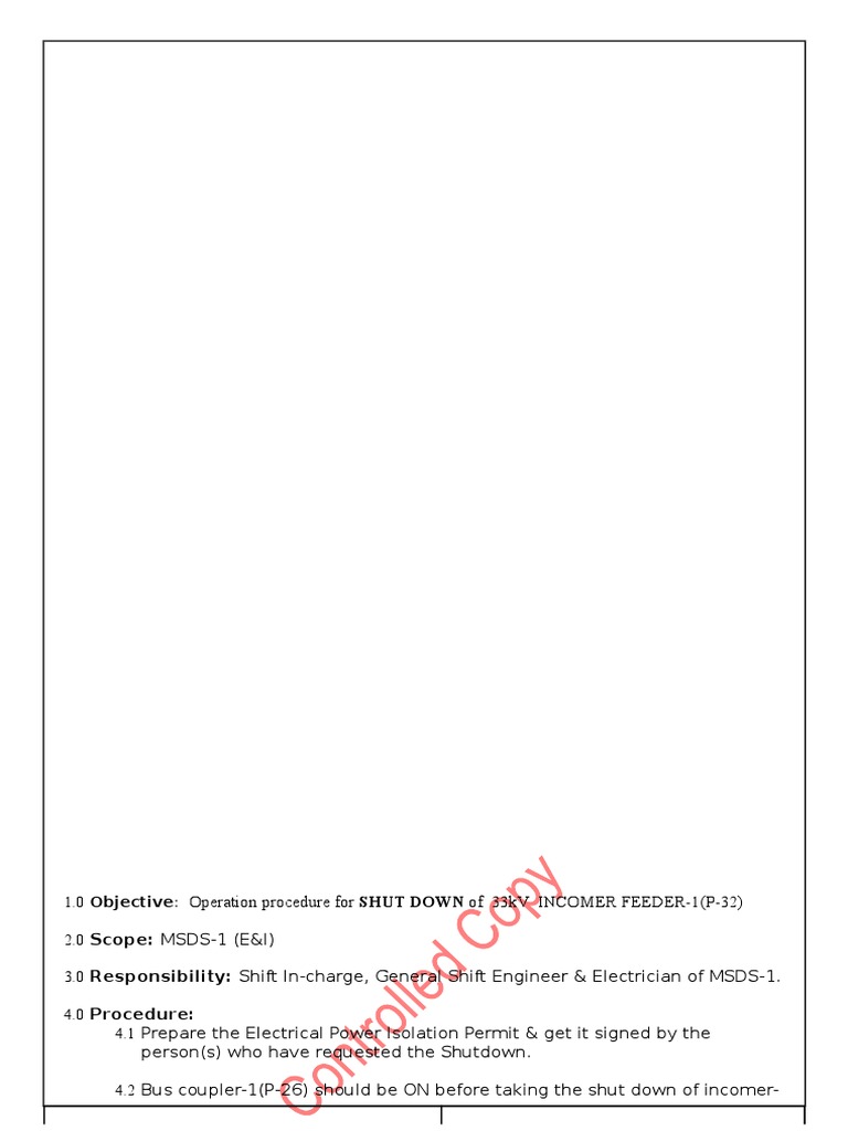 Procedure for Safe Shutdown and Charging of 33kV Incomer Feeder-1(P-32 ...