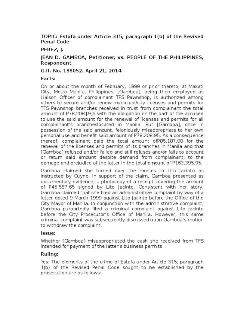 Gamboa's Estafa Case Analysis | PDF | Conversion (Law) | Prosecutor