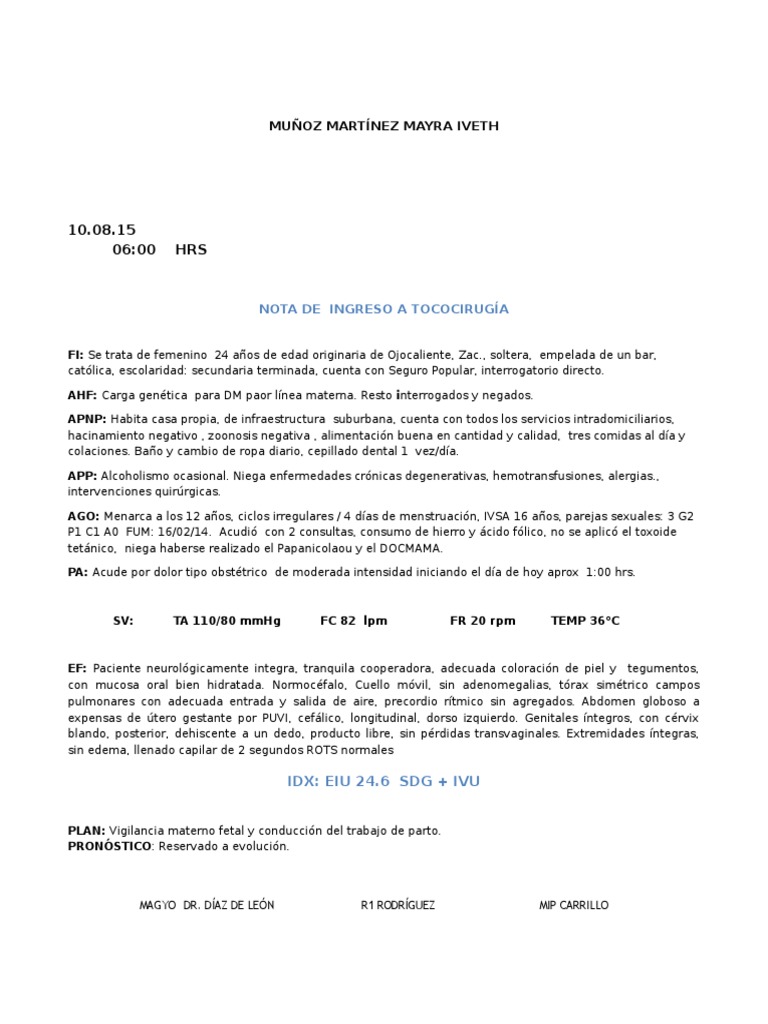 Nota de Ingreso A Toco | PDF | Parto | Vagina