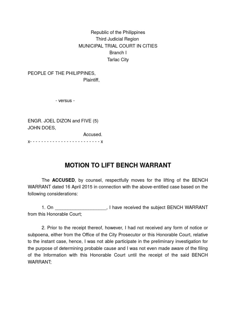 Motion to Lift Bench Warrant in Tarlac | PDF