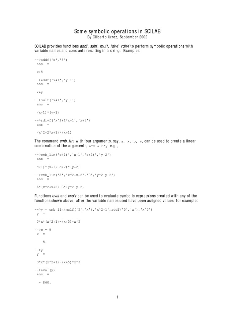 SCILAB Symbolic Operations Guide | PDF | Matrix (Mathematics) | Determinant