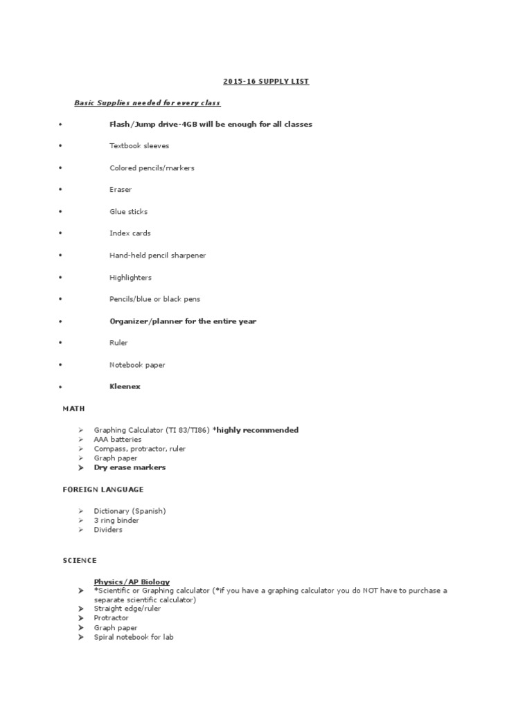 Basic Supplies Needed For Every Class: 2015-16 SUPPLY LIST | PDF