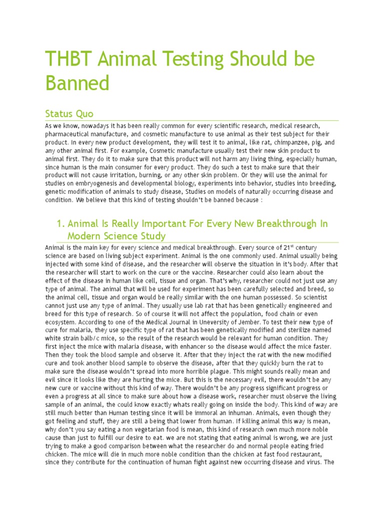 THBT Animal Testing Should Be Banned | PDF | Animal Testing | Experiment