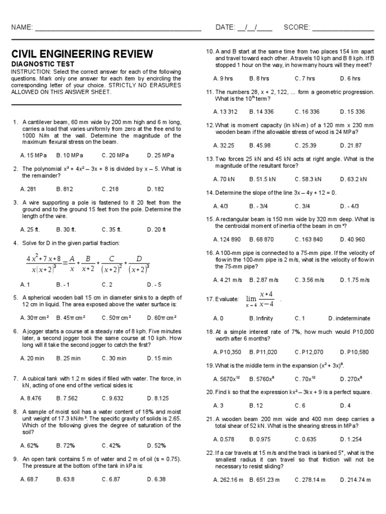 Civil Engineering Diagnostic Test | PDF | Beam (Structure) | Shear Stress
