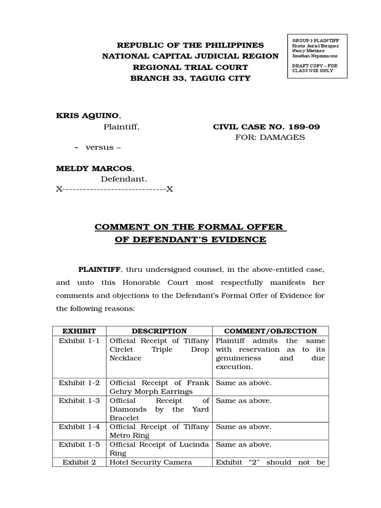 Sample Comment On Formal Offer of Evidence | PDF