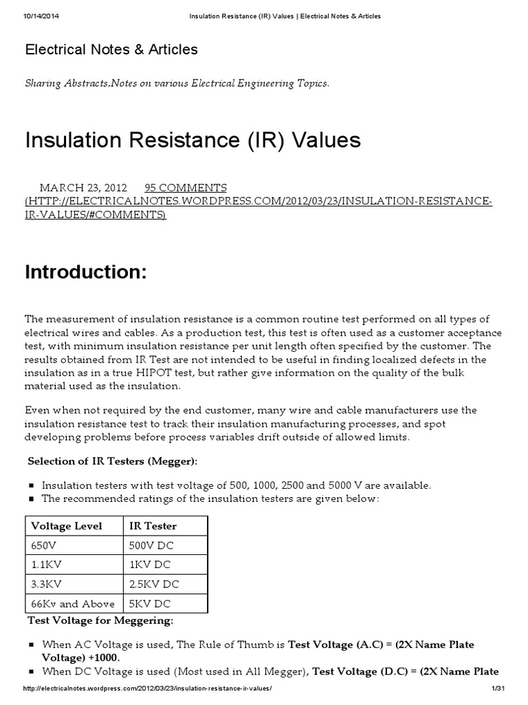 Insulation Resistance (IR) Values - Electrical Notes & Articles | PDF ...