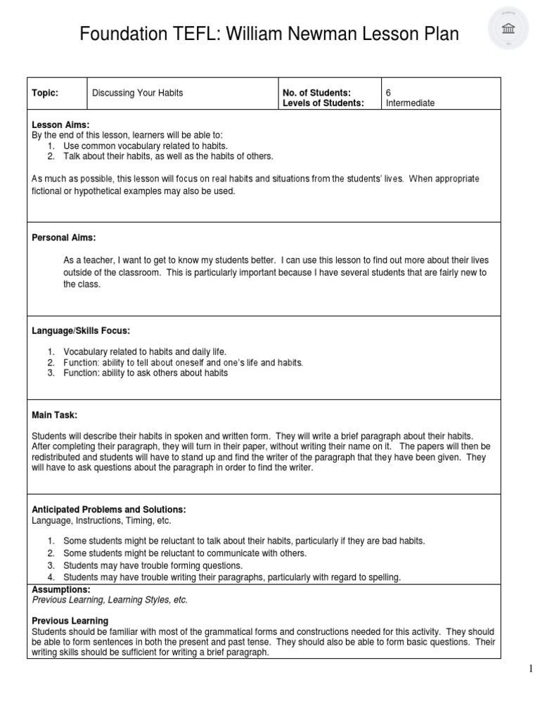 Adults Lesson Plan Efl PDF | PDF | Learning Styles | Lesson Plan