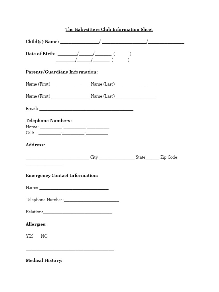 The Babysitters Club Information Sheet Child(s) Name: Date of Birth | PDF