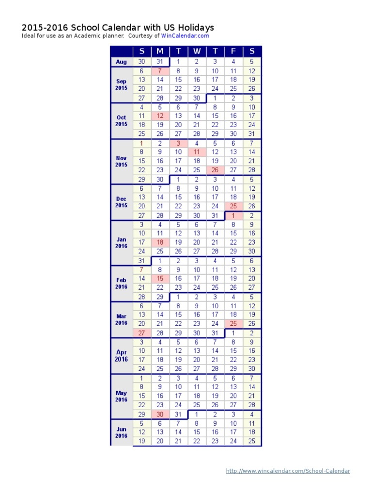 School Calendar 2015 2016 Us Holiday | PDF