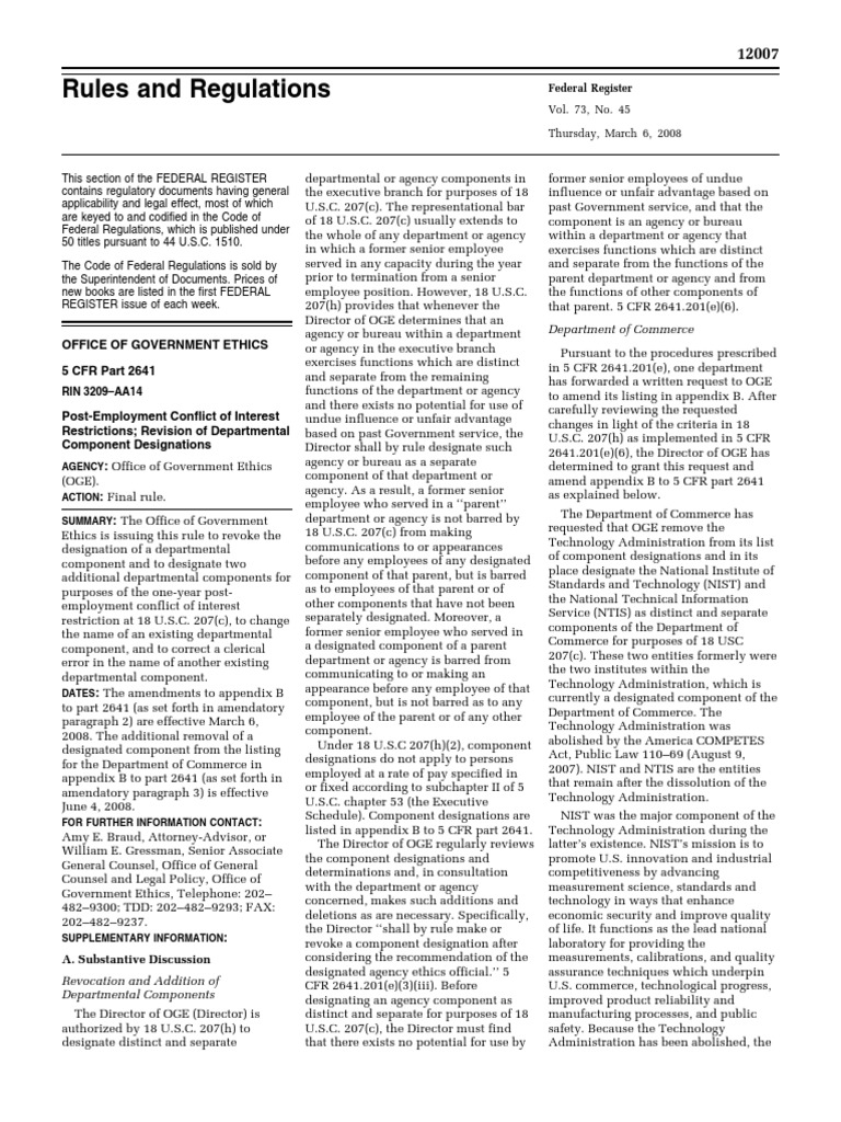 Rule: Post-Employment Conflict of Interest Restrictions Revision of ...