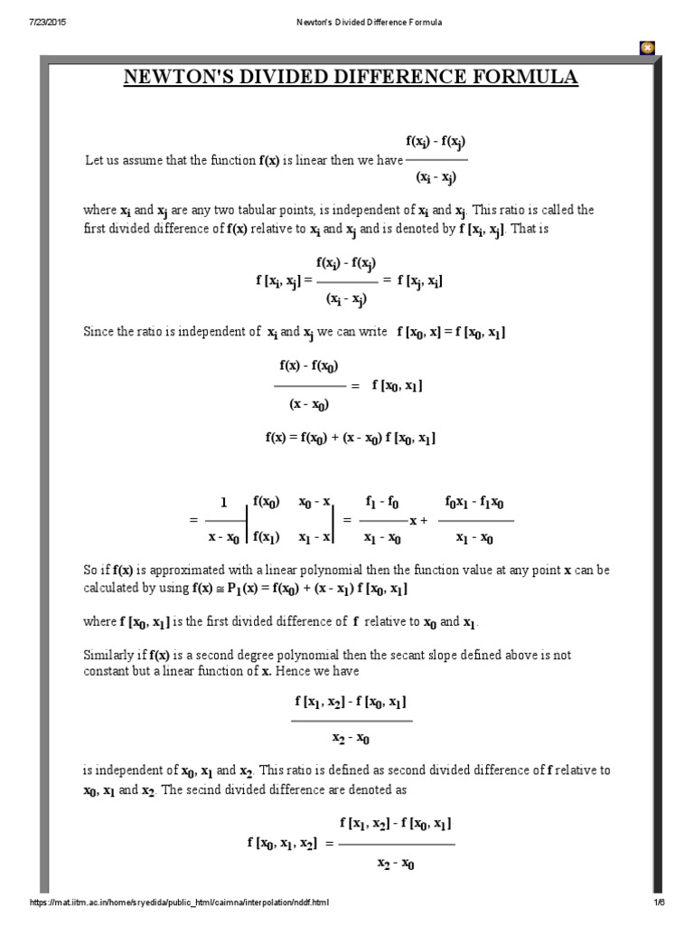 Newton's Divided Difference Formula | PDF | Equations | Numerical Analysis