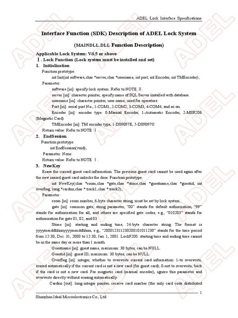 ADEL Lock System Interface Function (SDK) Manual | PDF | Pointer ...