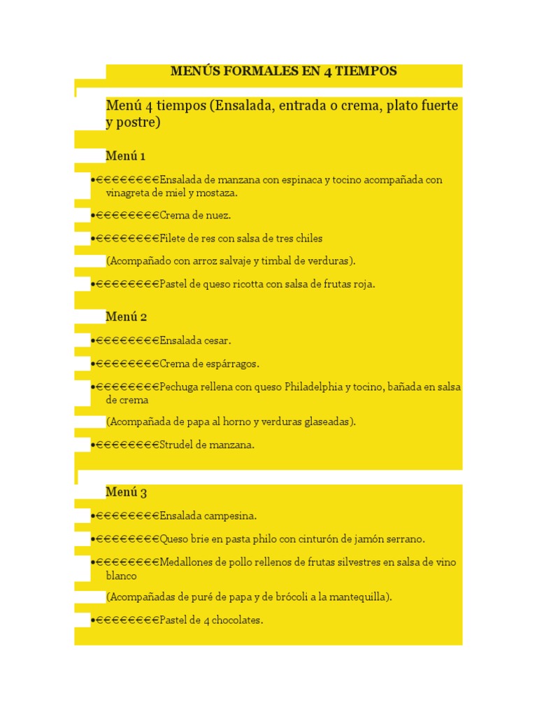 Menús Formales en 4 Tiempos | PDF