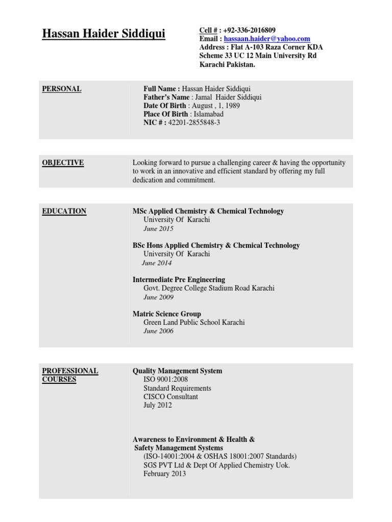 Hassan Haider Siddiqui - Chemist Resume | PDF | Computers