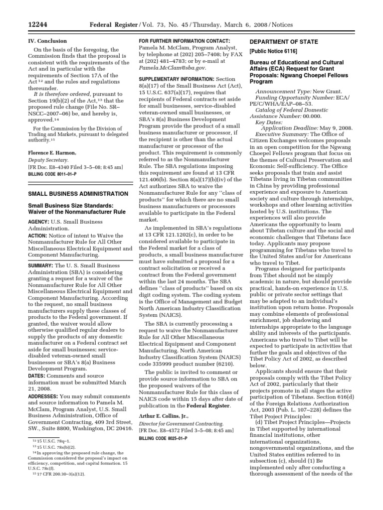 Notice: Small Business Size Standards Waiver of Nonmanufacturer Rule ...
