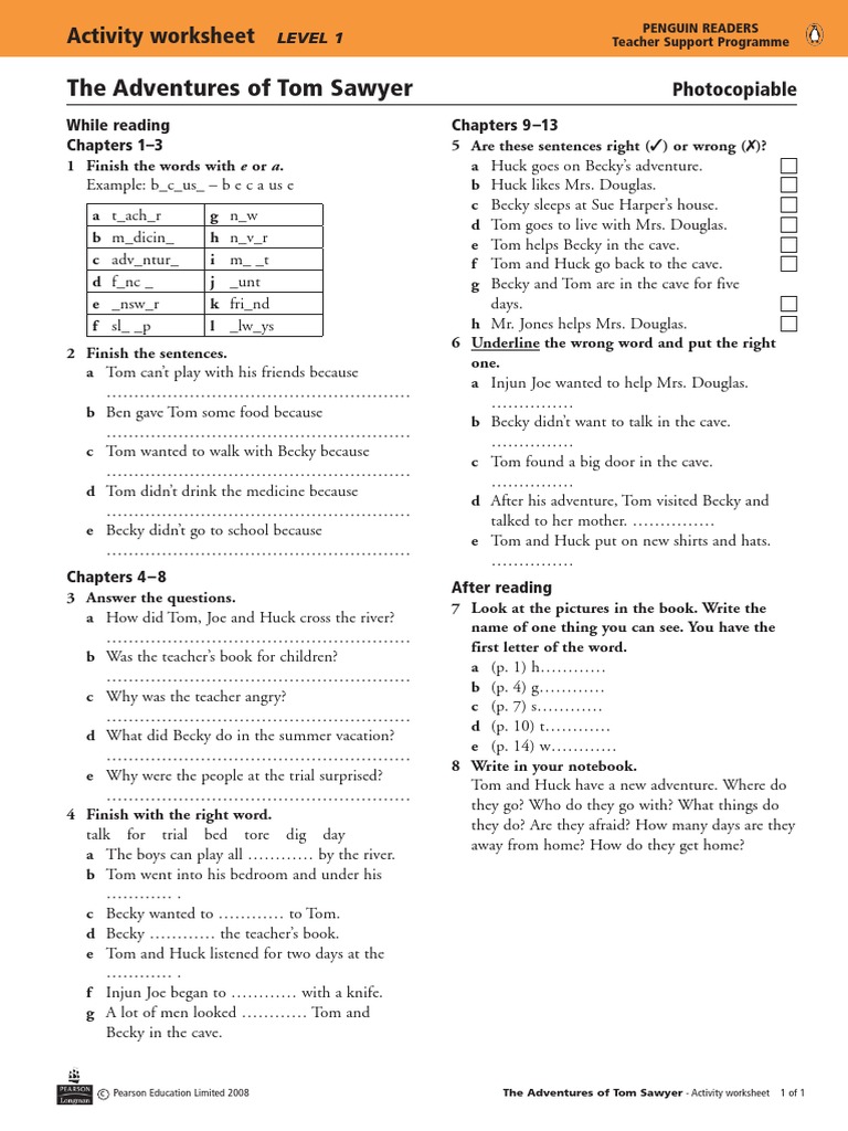 Tom Sawyer Level 1 Activity Worksheet | PDF