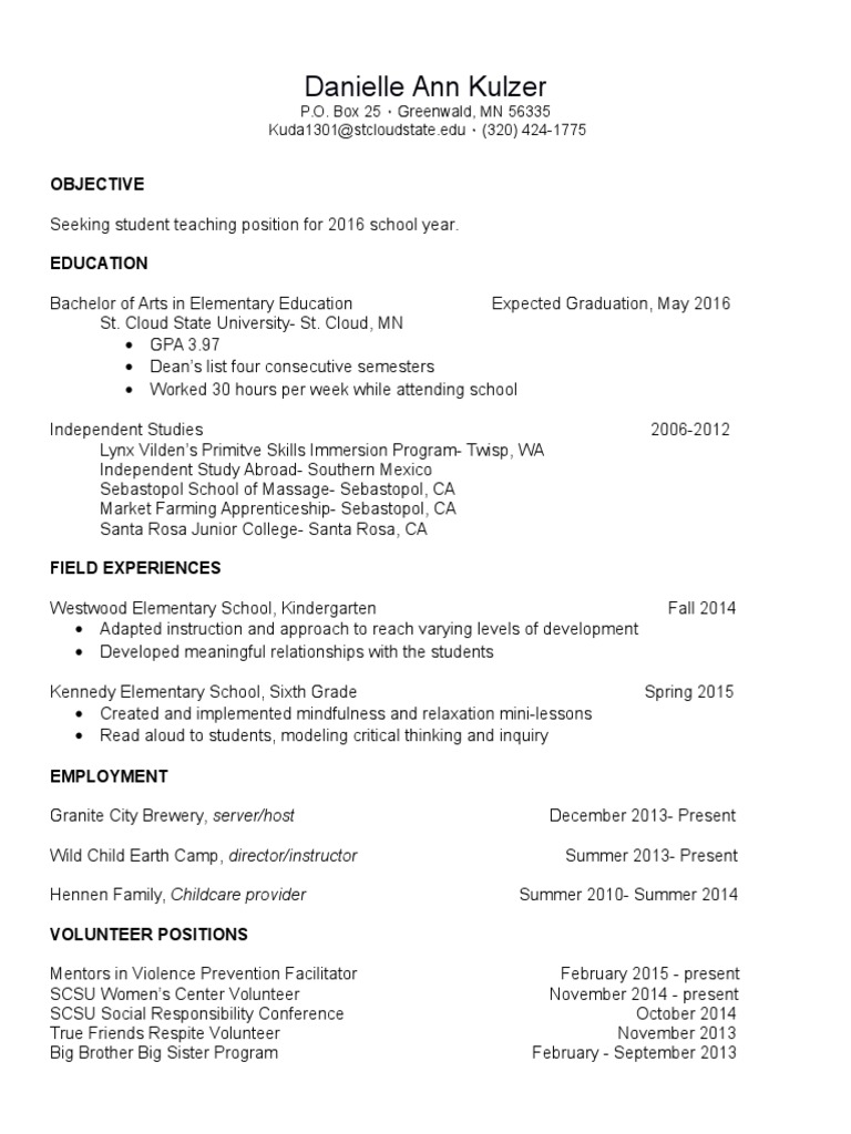 Danielle Kulzer: Elementary Education Resume | PDF
