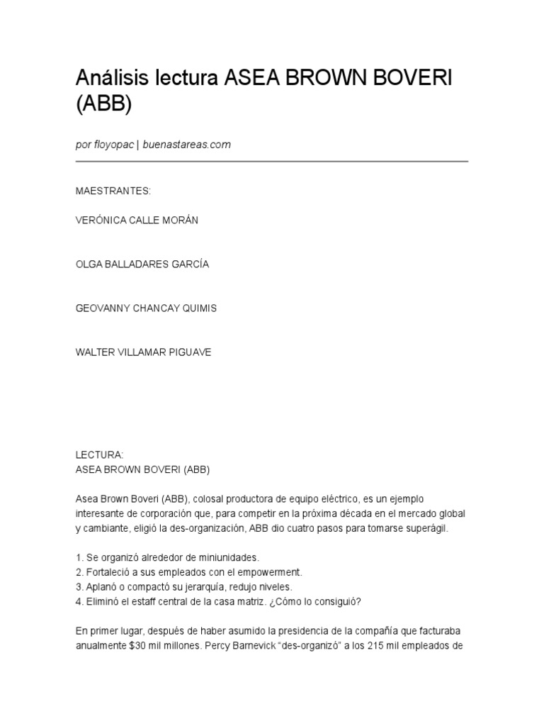 Análisis Lectura ASEA BROWN BOVERI (ABB) - 19 02 2014 | PDF | Recursos humanos | Toma de decisiones