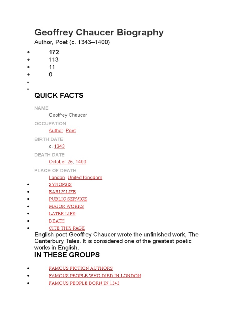 Geoffrey Chaucer Biography: Quick Facts | PDF | Geoffrey Chaucer | The ...