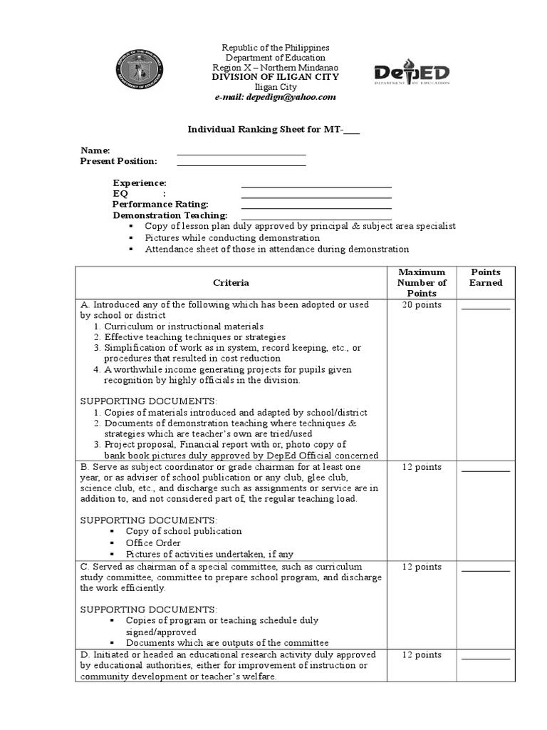 Individual Ranking Sheet For MT I | PDF | Curriculum | Lesson Plan